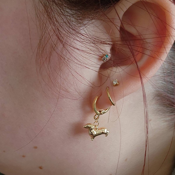 Gold Dachshund Huggie Earrings: 3D Dog Charms, Doxie Dog Mom Gift ...