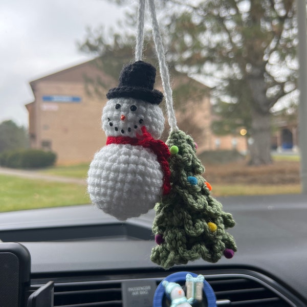 Crochet Christmas Tree and Snowman Car Charm - Car Hanging - Rearview ...