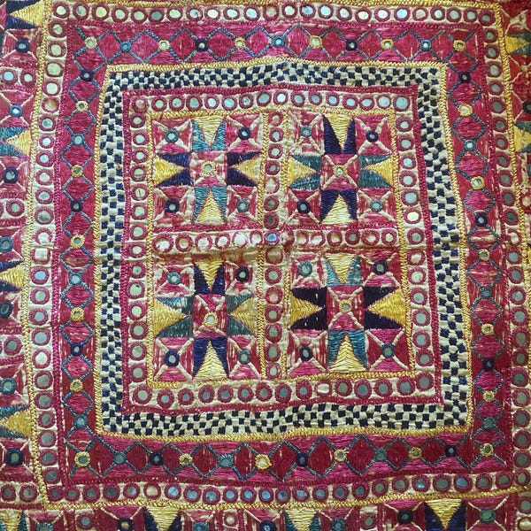 1920s Hand Embroidered Indian Textile, Glass Mirror Shisha Embroidery ...