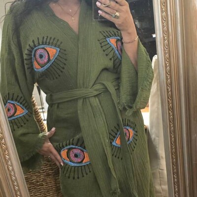 Organic Cotton Boho Robe, Pink Kimono Summer Wrap, Loungewear Evil Eye ...