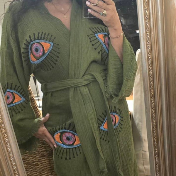 Boho Morning Robe, Organic Cotton Spa Robe, Bridal Robe, Evil Eye ...