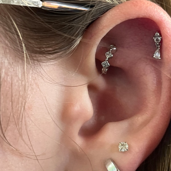 Dainty Bezel Rook Hoop Earring • Bezel Stone Helix Hoop • Rook Earring ...