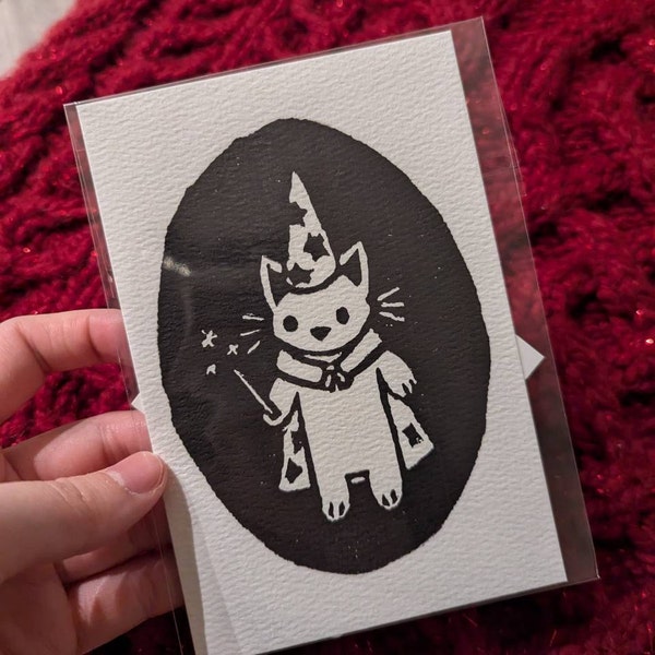 Magical Wizard Cat Linocut Block Print | 4 X 6 Mini Print | Printmaking ...