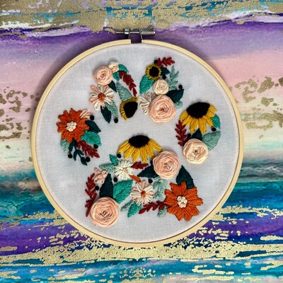 PDF Pattern Furry Friend Florals, Floral Paw Print Embroidery Pattern ...
