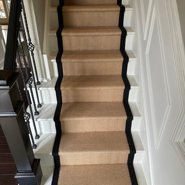 Seagrass Herringbone Carpet Stair Runner With Black Cotton Border - Etsy