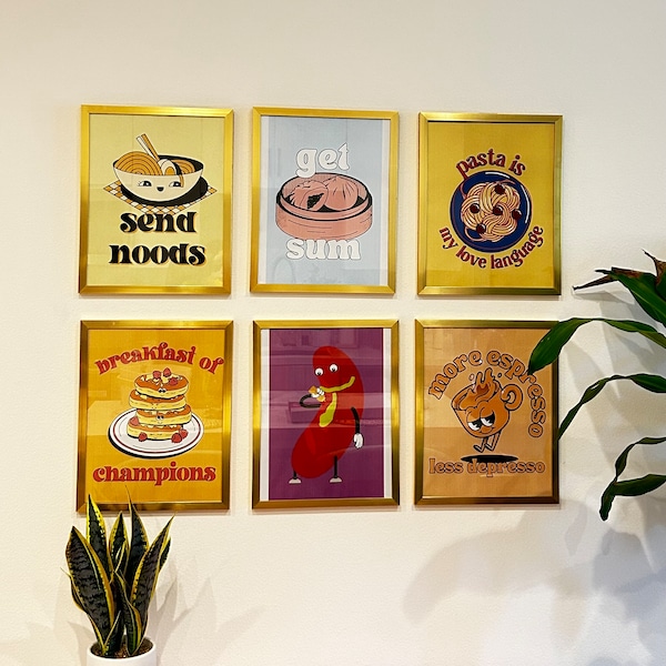 Trendy Gallery Set of 6 Fest Food Prints, Retro Food Poster, Cartoon ...