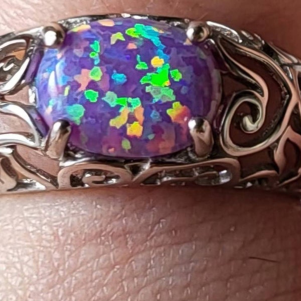 Large Rainbow Aurora Opal Ring, See Video 13x18mm Lab Created Opal ...