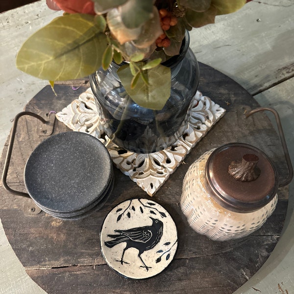 Raven or Crow With Key Bird Sgraffito Ceramic Plate, Crow Dish, Raven ...