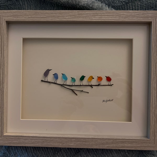 Rainbow Birds on Branch - Sea Glass & Driftwood Picture - Framed ...