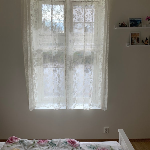 TINA Vintage Patterned Dark Ivory Net Tulle Lace Curtain Full Lenght ...