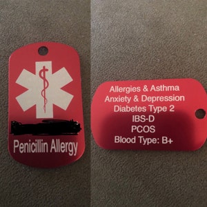 Medical Alert Custom Laser Engraved Medic ID Military Dog Tag Emergency ...