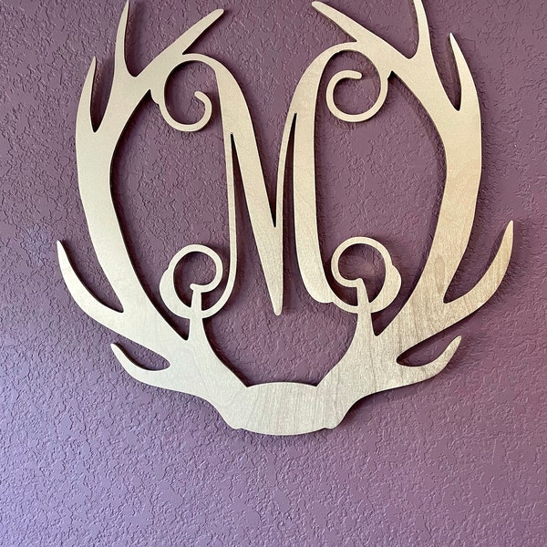 Wooden Antler Monogram Door Hanger - Unpainted Initial With Connected Antler Frame - Vine Script ...