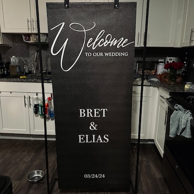 Wedding Welcome Sign With Stand, Metal Stand, Black and White Curtain ...