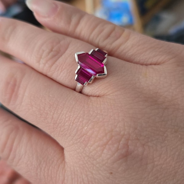Unique Long Hexagon-cut Ruby Engagement Ring, Unique Rose Gold Ring ...