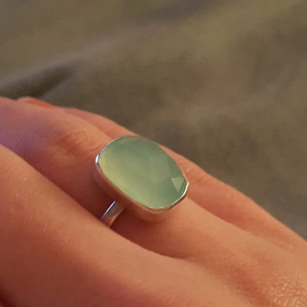 Elegant Rectangle Cushion Cut Aqua Blue Chalcedony Boho Ring Sterling Silver Statement Ring ...