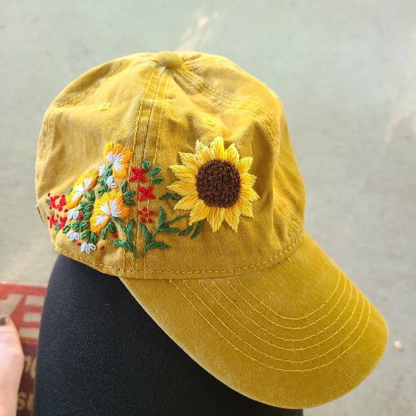 Floral Embroidered Cap, Custom Embroidery Hat, Hand Dandelion ...