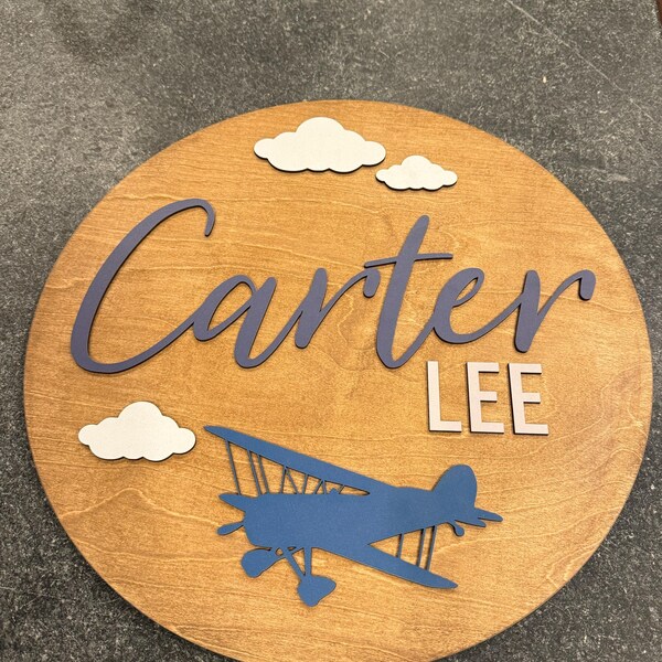 Airplane Nursery Name Sign, Round Name Sign, Airplane Nursery, Boy Name ...