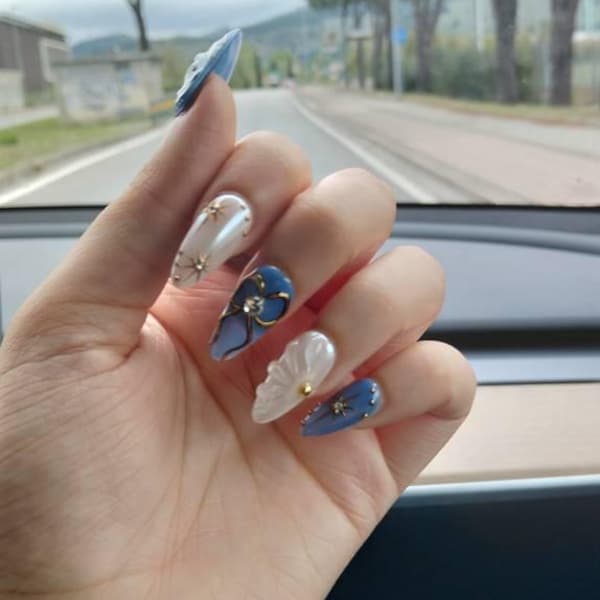 Y2K Star Blue Press on Nails Short Almond Nails/y2k Nails/gyaru Nails ...