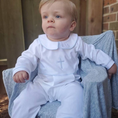 Luke Baptism Outfit-white W Blue Trim-baby Boy Baptism Outfit-baby Boy ...