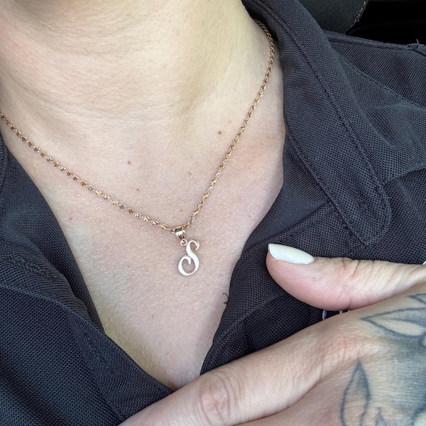14k or 10k Solid Gold Cursive Initial Necklace, Cursive Initial Pendant, Personalized Gift ...