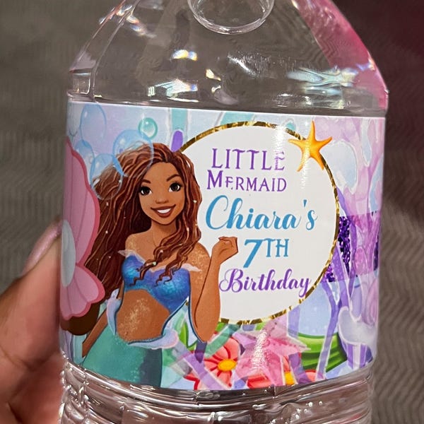 The Little Mermaid Water Bottle Labels - Black Ariel - Mermaid Party ...