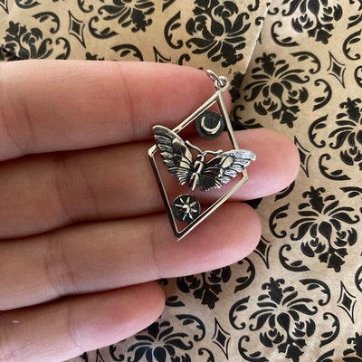 Sterling Silver Moth With Moon and Sun Charm, Silver Geometric Moth ...