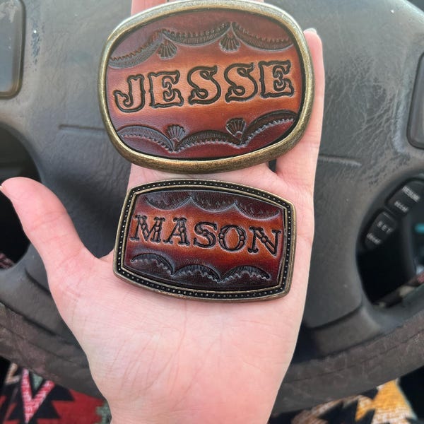 Large Custom Tooled Leather Belt Buckle, MADE to ORDER, Names or ...