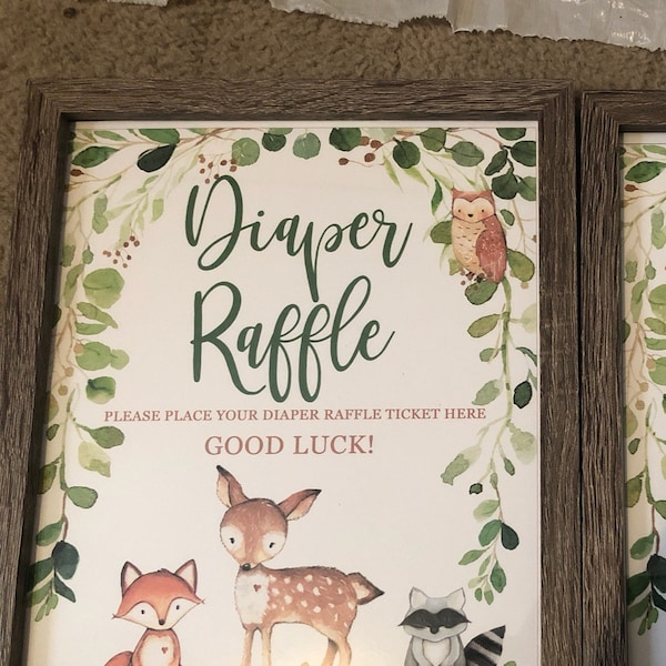 Woodland Diaper Raffle Sign, Greenery Woodland Animals Baby Shower ...