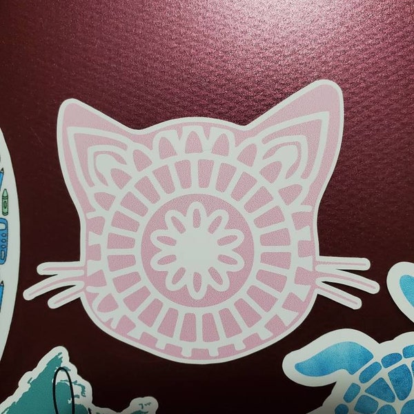 Cat Mandala Sticker, Pink Cat Mandala Sticker, Pink Kitty Print Sticker ...