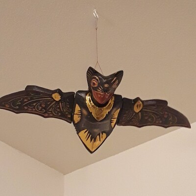 Flying Black Bat Mobile Balinese Spirit Chaser Hand Carved Wood Bali ...