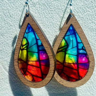 Mosaic Stained Glass Earrings // Teardrop // Mahogany Wood // Bright ...