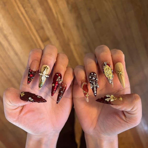 Red & Gold Renaissance Long Stiletto Press on Nails, Unique Design ...