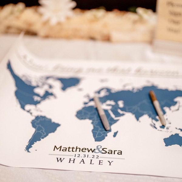 Wedding Guestbook World Map Print With Names & Date, Personalized ...