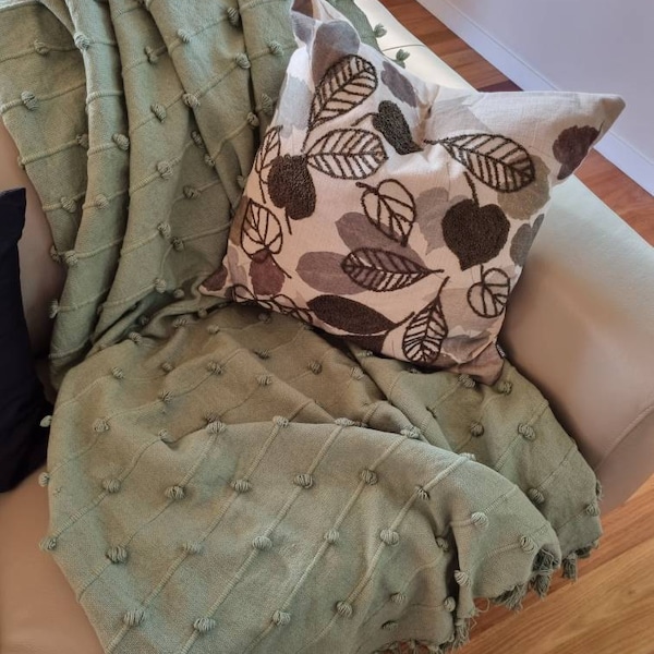KENDALL || Sage Green Loops Hand Loom Chunky Woven Sofa Throw Blankets ...