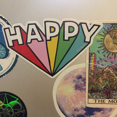 HAPPY Vinyl Sticker // Positivity Laptop Sticker // Colourful Sticker ...