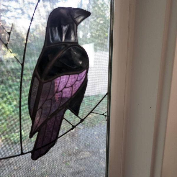 Stained Glass Raven on the Branch Crow Stained Glass Suncatcher Window ...