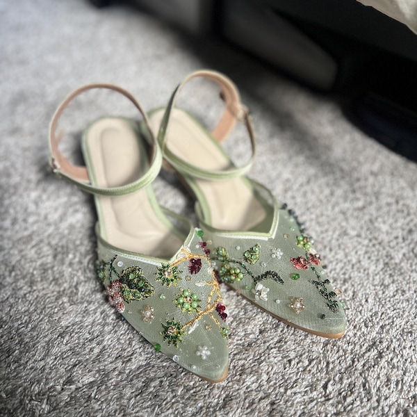 Sage Green Floral Embroidery Party Shoe, Comfort Low Heels Shoe ...