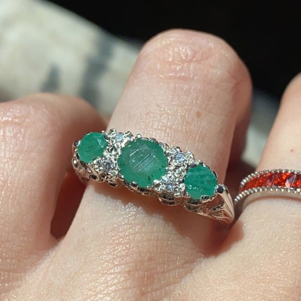 925 Solid English Sterling Silver Natural Emerald & Diamond Filigree ...