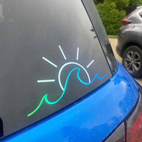 Ocean Wave and Sun Decal, Holographic Sunset Beach Decal, Beach Car ...