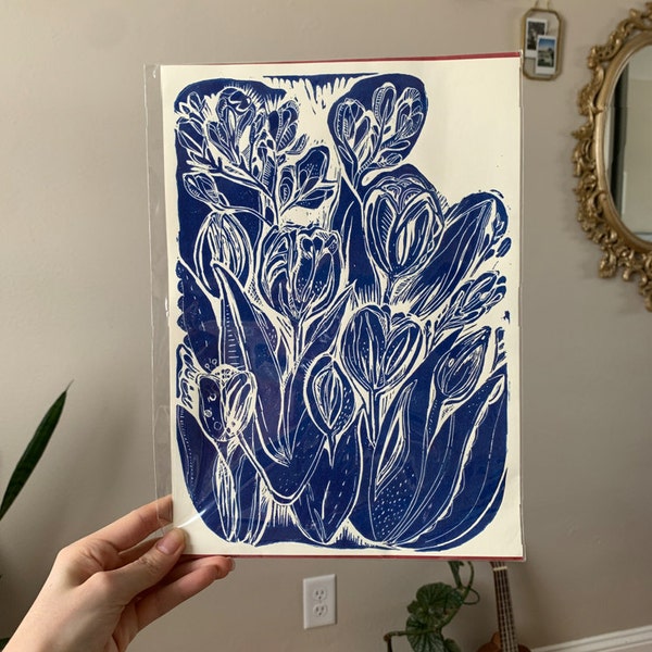 Spring Flowers Linocut Print /A4 Blue Original Lino Art - Etsy