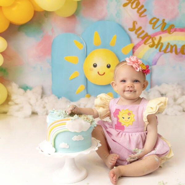 LIZZIE You Are My Sunshine 1st Birthday Girls Pink Yellow Ruffle ...