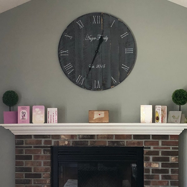 Large Wall Clock / Rustic Grey With Roman Numerals / Made From Rough ...