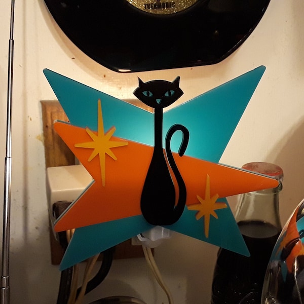 Mid Century Modern Night Light: Black Cat Acrylic Atomic Wall Decor - Etsy