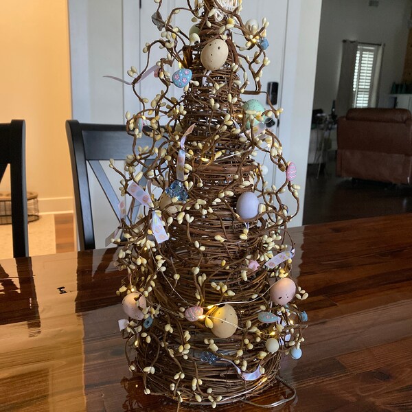 12 Grapevine Tree With Hearts, Lights, Burlap Ties, Cone Tree Lighted ...