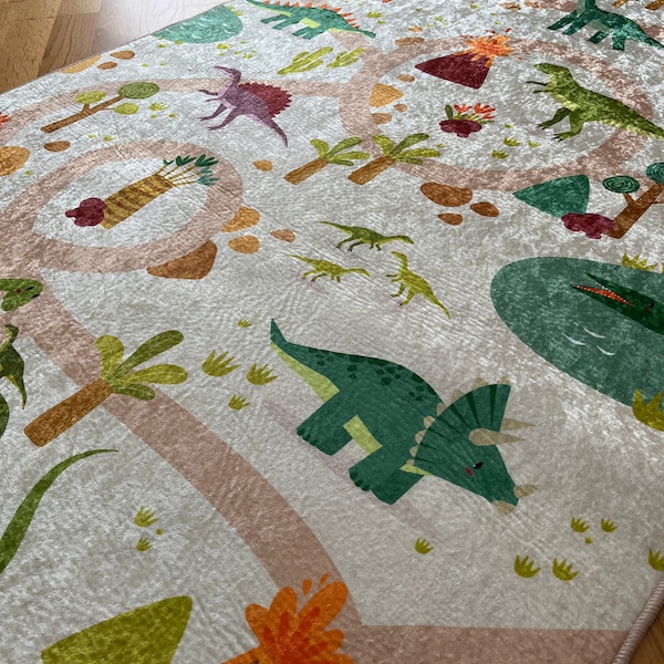 Dinosaurs Themed Washable Kid's Room Rug|forest Road Nursery Play Mat ...
