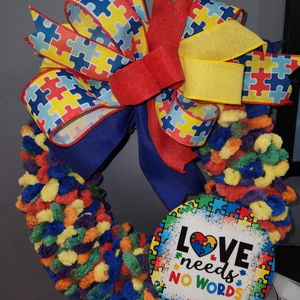Love Needs No Words Autism Awareness Wreath Sign-puzzle Pieces-multi ...