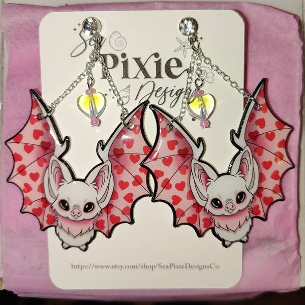 Heart Pattern Pink Bats Resin & Shrink Plastic Valentines Day Earrings ...