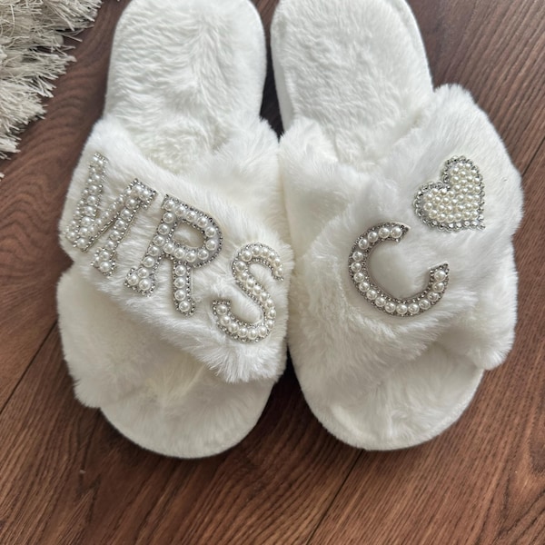 Bride Slippers | Mrs Slippers | Pearl Embellished Fluffy Bridal ...