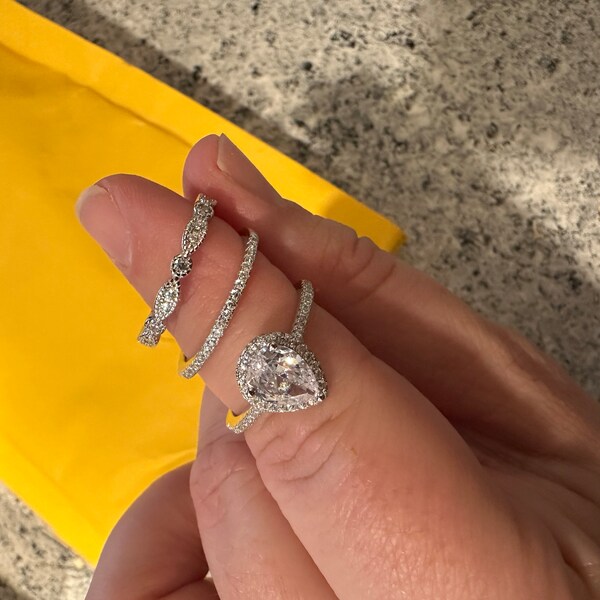 Art Deco Teardrop Bridal Ring Set: 925 Sterling Silver, Pear Simulated ...