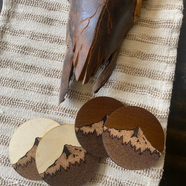 Green Wood Mountain Coasters Set | Minimalist Coasters | Nature Lovers ...